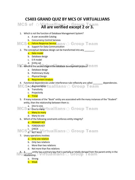 CS403 Finallized Grand Quiz | PDF | Databases | Data Model