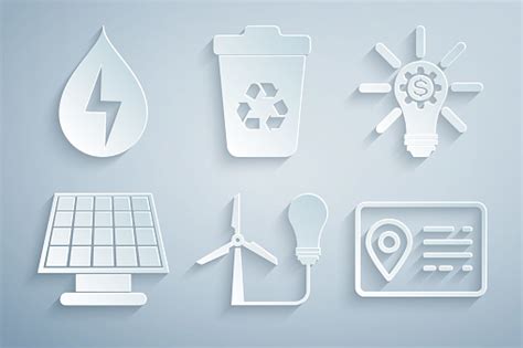 바람 터빈 기어 태양 에너지 패널 주소록 재활용 재활용 및 물 아이콘으로 전구를 설정합니다 벡터 0명에 대한 스톡 벡터 아트 및 기타 이미지 Istock