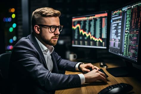 Male stock trader analyzing graphs and charts on multiple computer ...