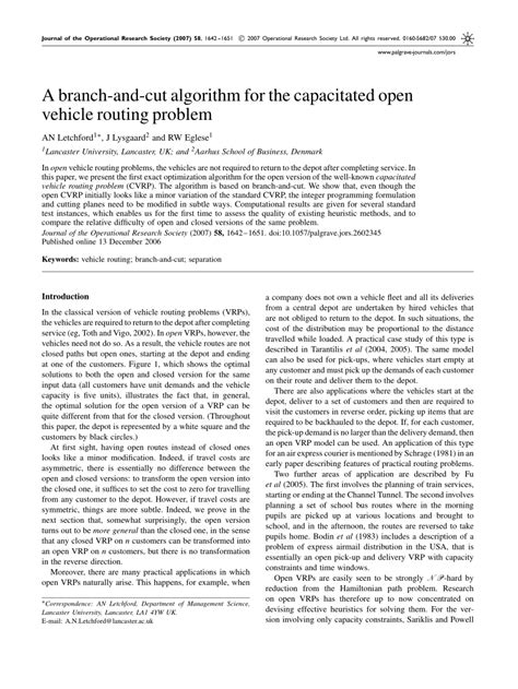 Pdf A Branch And Cut Algorithm For The Capacitated Open Vehicle