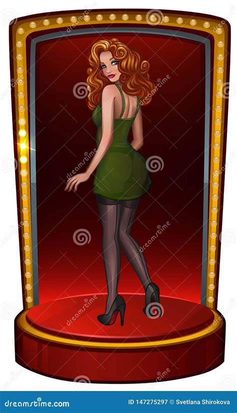 Beautiful Redhead Pin Up Girl In Green Dress On Scene Stock Vector Illustration Of Scene
