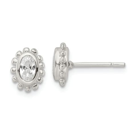Sterling Silver Polished And Beaded Edge Oval Cz Post Earrings