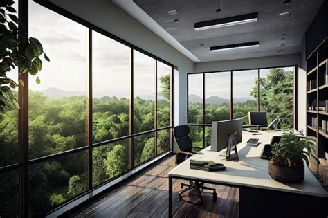 Premium Ai Image Office With View Of Lush Forest Filled With Greenery And Life Created With