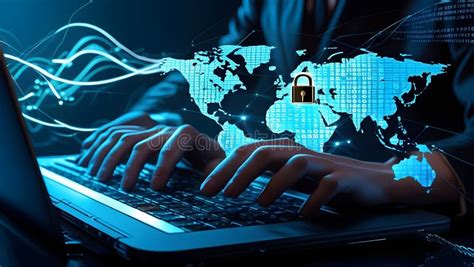 Cybersecurity Concept With Laptop Lock Icons And Digital World Map