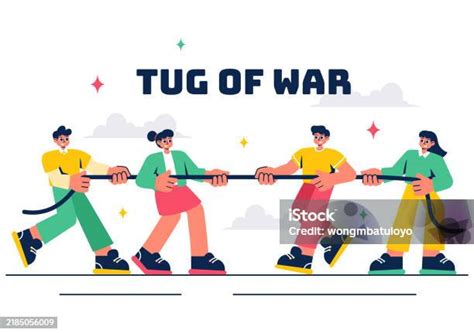 줄다리기 벡터 일러스트 레이 션은 비즈니스 도전 또는 배경에서 다른 경쟁 시나리오에서 로프의 반대쪽 끝을 당기는 사람들을 특징으로합니다 경쟁에 대한 스톡 벡터 아트 및 기타