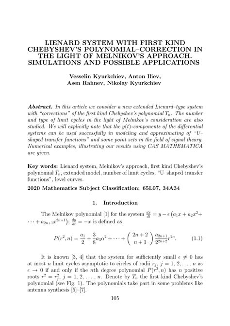 Pdf Lienard System With First Kind Chebyshevs Polynomial Correction