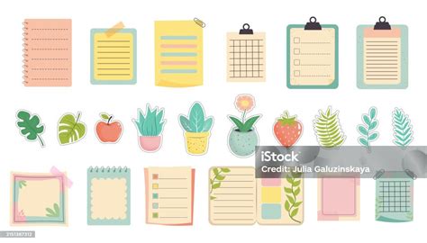 플래너 메모지 템플릿 및 스티커 세트 귀여운 메모 템플릿 모음입니다 아이들 학교 또는 사무실을 위한 다채로운 노트북 빈 페이지 0명에 대한 스톡 벡터 아트 및 기타 이미지