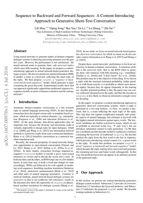 Pdf Sequence To Backward And Forward Sequences A Content Introducing Approach To Generative