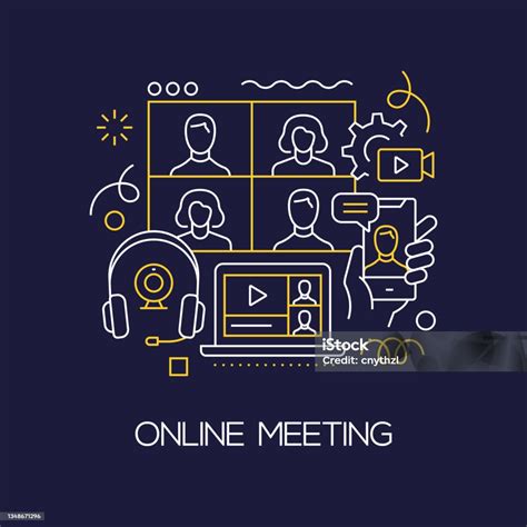 일러스트 레이션 온라인 회의 개념의 벡터 집합입니다 웹 페이지 배너 포스터 인쇄 등을 위한 라인 아트 스타일 배경 디자인 벡터 일러스트레이션 디자인에 대한 스톡 벡터 아트