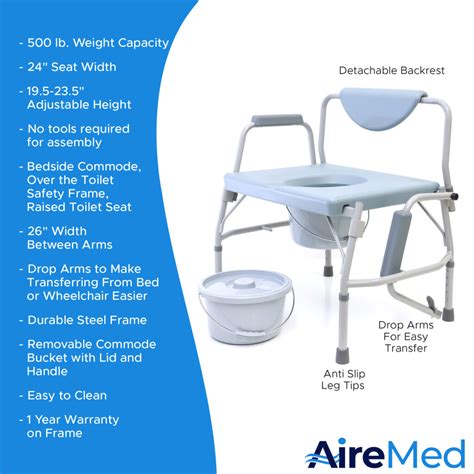 Airemed Bariatric Drop Arm Commode 3 In 1 Extra Wide Bedside Commode