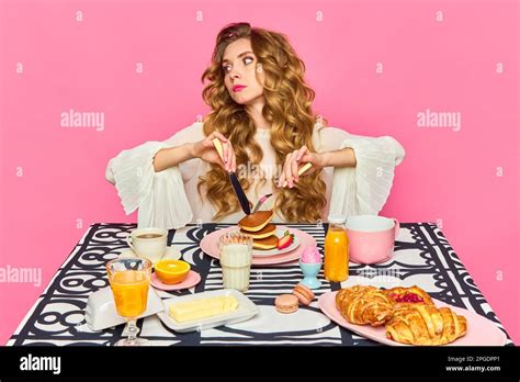 Good Looking Redhead Woman Starting Eat Her Sweet Breakfast With Calm