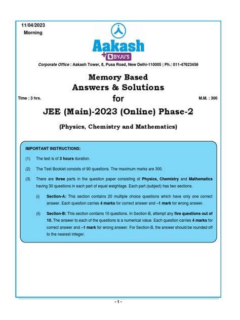 answers and solutions jee main 2023 online phase 2 memory based
