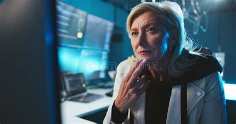 Night Computer And Woman With Cyber Security Programming And Thinking