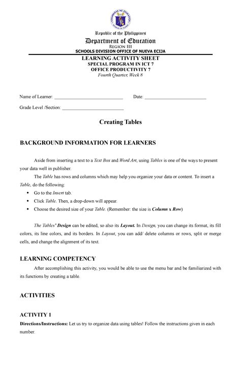 WEEK 8 Creating Tables Lemuel KIM Garcia LEARNING ACTIVITY SHEET SPECIAL PROGRAM IN ICT 7