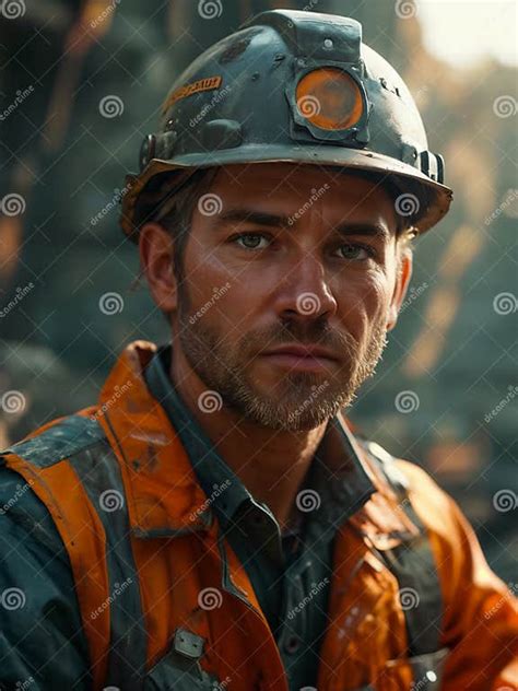 Portrait Of A Male Miner In A Protective Helmet And Gray Orange Uniform In A Coal Mine Or
