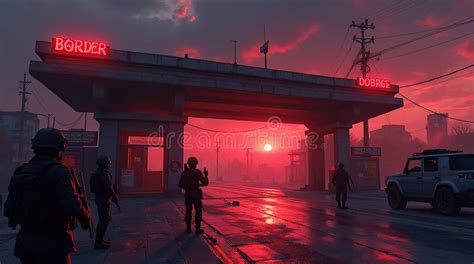 Dramatic Border Checkpoint With Red Alerts At Sunset Stock Illustration