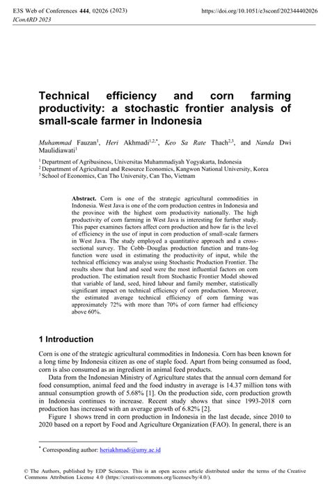 Pdf Technical Efficiency And Corn Farming Productivity A Stochastic