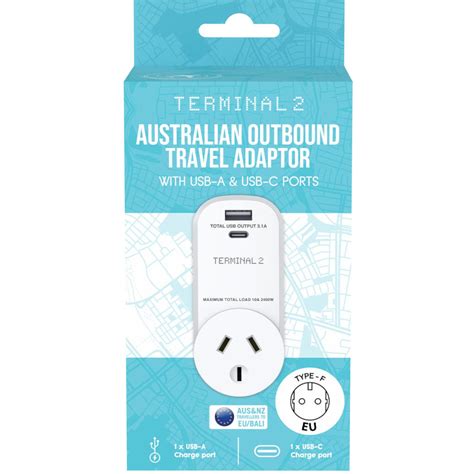 Terminal 2 Outbound Travel Adaptor With Usb A And Usb C Ports Europe