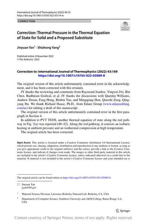 Pdf Correction Thermal Pressure In The Thermal Equation Of State For Solid And A Proposed