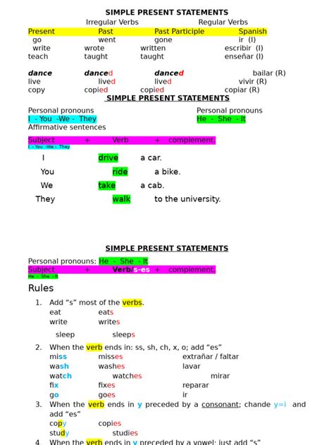 Simple Present Statements Guide Pdf Verb Subject Grammar