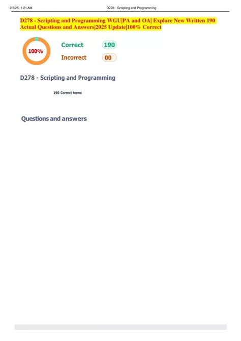 D278 Scripting And Programming Wgupa And Oa Explore New Written 190 Actual Questions And