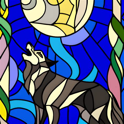 Stained Glass Window With Wolf Howling At Moon And Star · Creative Fabrica