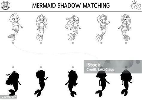 바다 공주와 함께하는 인어 흑백 그림자 매칭 활동 동화 바다 왕국 라인 퍼즐 올바른 실루엣 인쇄 가능한 워크시트 게임을