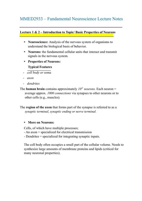 Fundamental Neuroscience Lecture Notes Mmed2933 Fundamental Neuroscience Flinders Thinkswap