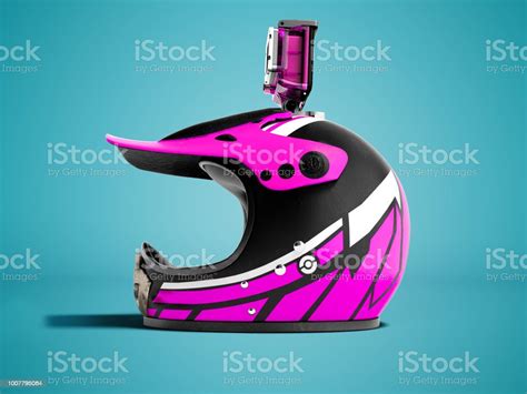 그림자와 파란색 배경에 렌더링 3d 왼쪽 핑크 액션 카메라와 현대 분홍색 오토바이 헬멧 디지털 생성 이미지에 대한 스톡 사진 및