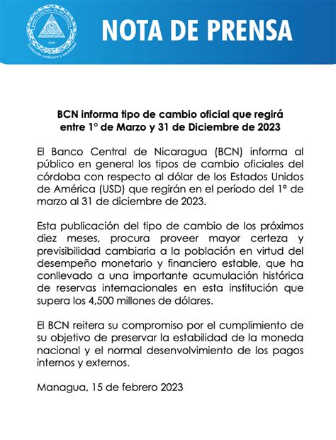 Banco Central De Nicaragua Informa El Tipo De Cambio De Este Año