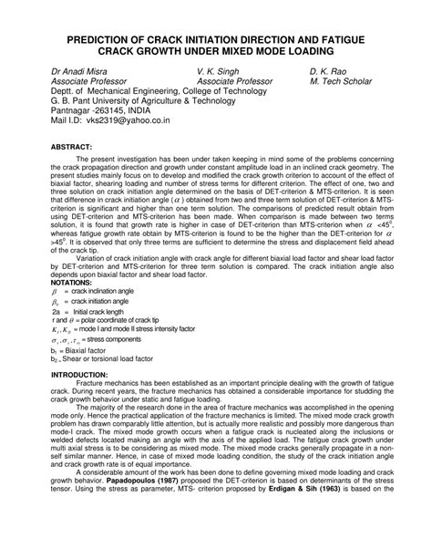 Pdf Prediction Of Crack Initiation Direction And Fatigue Crack Growth Under Mixed Mode Loading