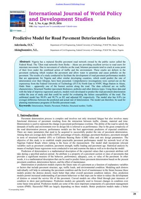 Predictive Model For Road Pavement Deterioration Indices Pdf