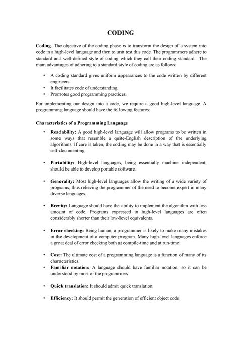 Coding These Are Lecture Notes Coding Coding The Objective Of The Coding Phase Is To