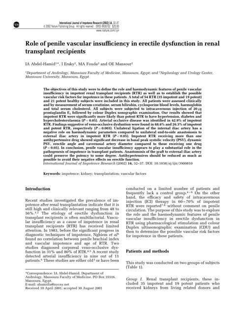 Pdf Role Of Penile Vascular Insufficiency In Erectile Dysfunction In