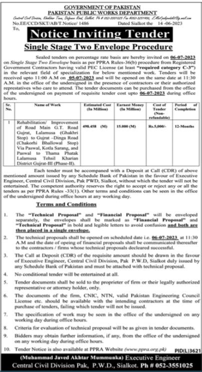 Pakistan Pwd Tender Notice For Rehabilitation And Improvement Of Road
