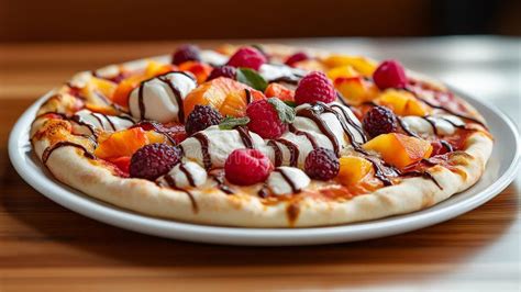 Colorful Pizza Topped With Fresh Fruits Cream And Chocolate Drizzle