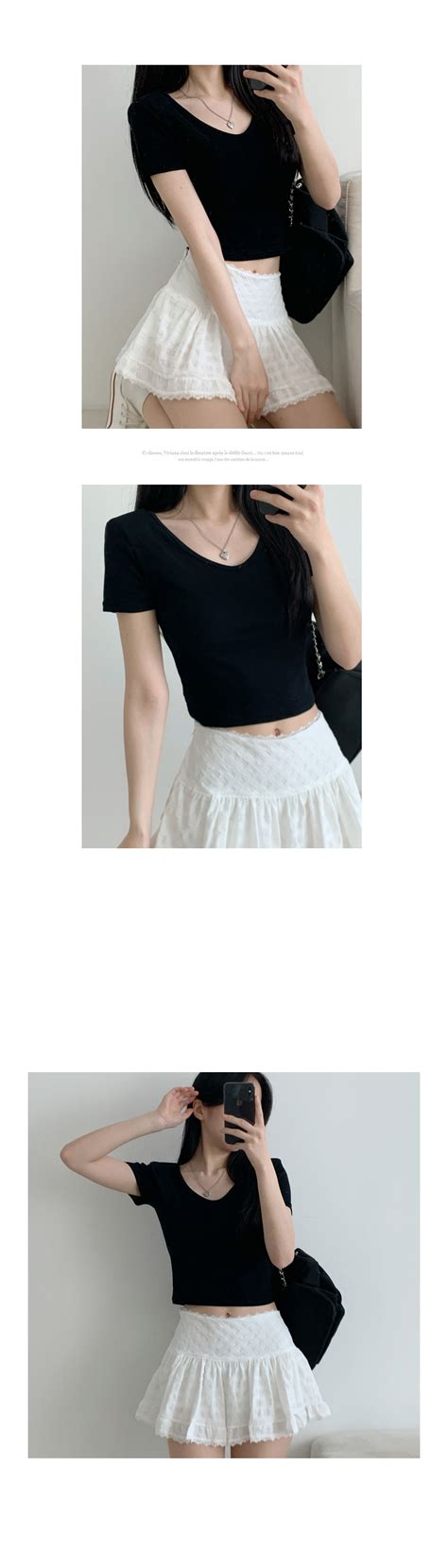 럽스 패트브이넥티 트랜디한 스타일의 미니멀한 세미 크롭 라인과 슬림한 핏이 여성스러운 심플 무지 반팔 티