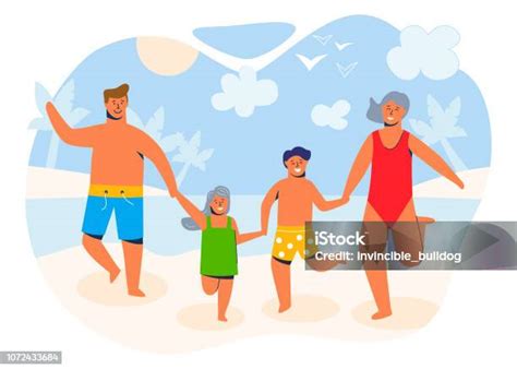행복 한 가족 여름 휴가 바다 또는 바다 해변 모래 사장에가 고 나머지에 부모와 어린이 만화 캐릭터 벡터 일러스트 레이 션 가족에 대한 스톡 벡터 아트 및 기타 이미지
