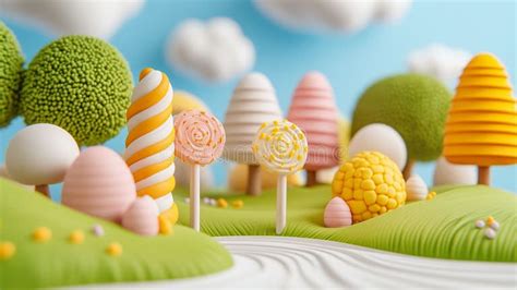 Pastel Candy Landscape Whimsical 3d Render Of Lollipop Trees And
