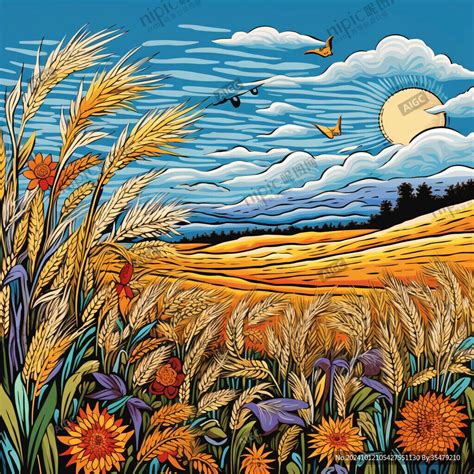 Ai创作图小麦田插画 玉米地插画 丰收主题插画 手绘莜麦插画 丰收手绘插画 谷穗手绘插画 手绘芦苇地 麦田手绘 小麦种植插画 丰收风景画 麦田风景画 稻田风景插画 扬谷丰收插画 丰收装饰画