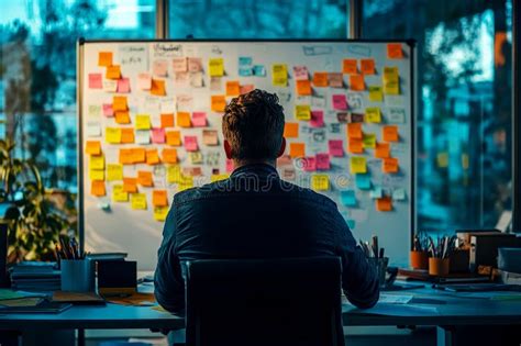 man look sticky notes task board organize ideas workflow office stock