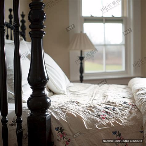 Ai创作图油画风格客房卧室饰品 美式床头 床头修饰柱 美式床简背景 黑色美式床 床靠修饰柱特写 棕色美式床 田园乡村大床 美式复古床 卧室里的