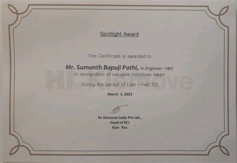 Sumanth Bapuji Pathi On Linkedin Delighted To Receive My First Recognition Award And Looking