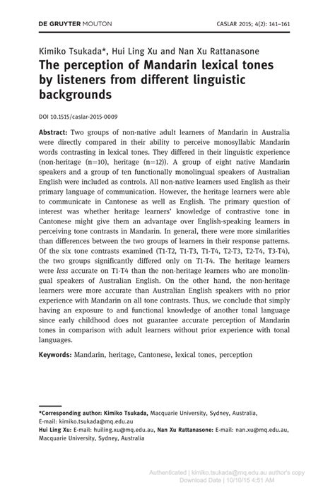 Pdf The Perception Of Mandarin Lexical Tones By Listeners From Different Linguistic Backgrounds