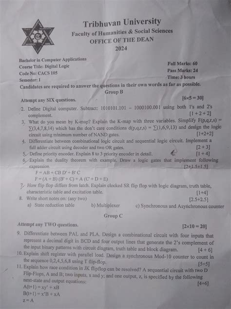 Digital Logic Dl Tribhuvan University Tu Bca Question Paper 2024 Bca 1st Semister Final Bca Blog