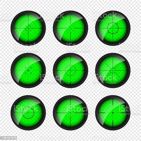 다양한 무기 야간 명소 저격 소총 광학 스코프 십자선이있는 사냥 총 뷰파인더 조준 촬영 마크 기호 군사 대상 표지판 실루엣 게임 Ui 요소입니다 벡터 일러스트 레이 션