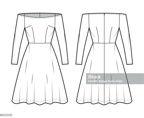 드레스 오프 숄더 바르도 테크니컬 패션 일러스트와 긴 소매 몸에 장착 무릎 길이 세미 원형 스커트 0명에 대한 스톡 벡터 아트