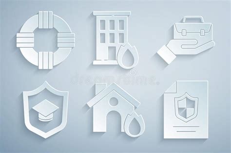 Set Fire In Burning House Hand Holding Briefcase Graduation Cap With Shield Contract And