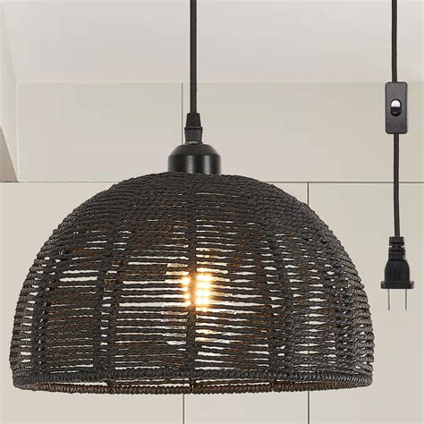 Plug In Pendant Light Rattan Hanging Lamp With Onoff Switch 15 Ft Hemp Rope Black Fabric