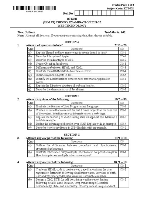 Web Technology Kcs 60221 22 Cse Printed Page 1 Of 2 Subject Code